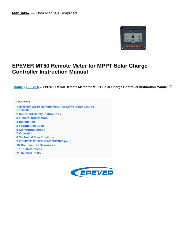 Mt50 Remote Meter for Mppt Solar Charge Controller Manual | PDF