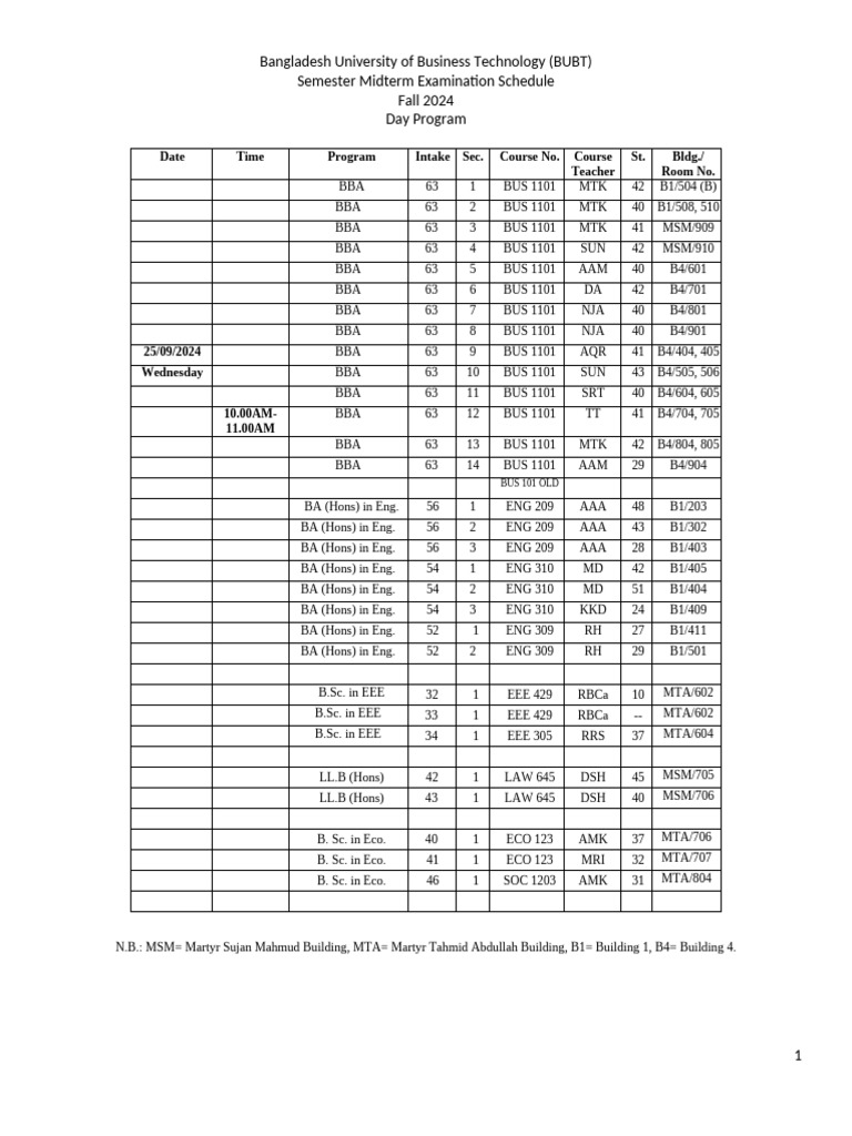 Semester Midterm Examination Schedule Fall 2024 - For Students | PDF