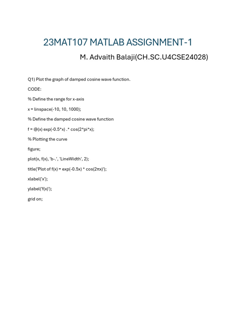 23mat107 Matlab Assignment-1 | PDF