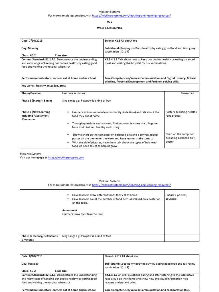 KG 2 week 4 Lesson Plan | PDF