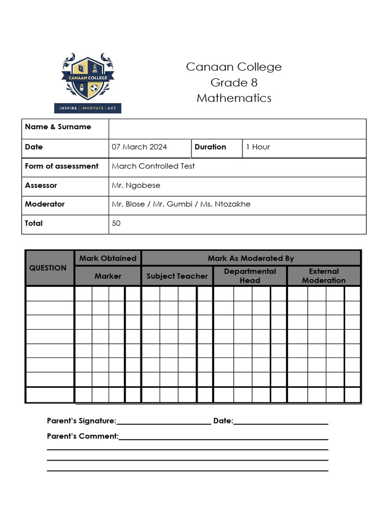 Grade 8 March Controlled Test | PDF