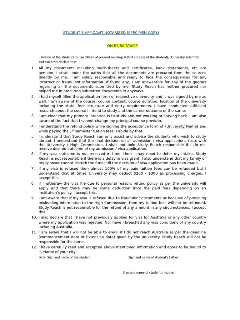Self Affidavit of Student | PDF