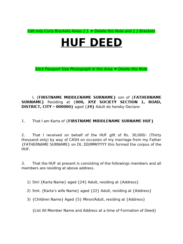 HUF Deed Draft Format | PDF