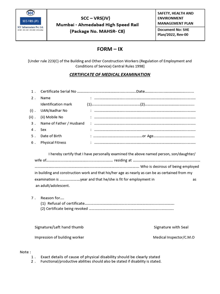 Medical Examination Certificate FORM – IX | PDF