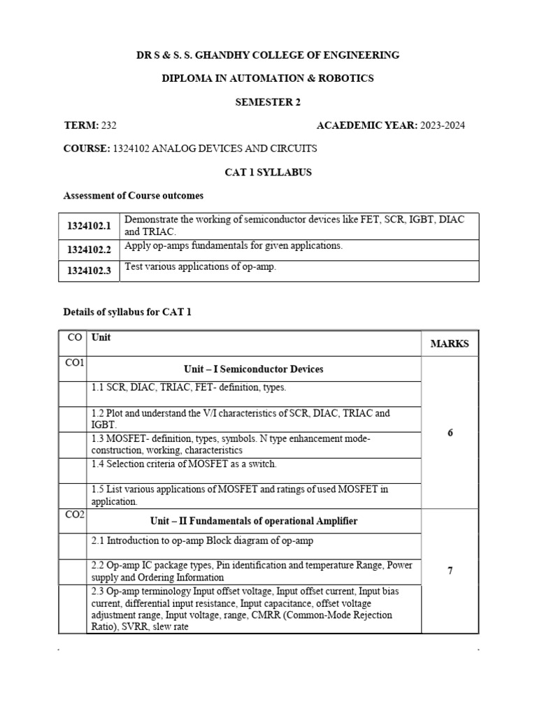 CAT 1 ADC Syllabus and Question Bank | PDF | Operational Amplifier ...