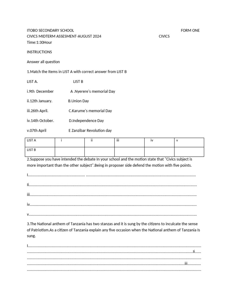 Civics f1 Midterm 2024 - 114631 | PDF
