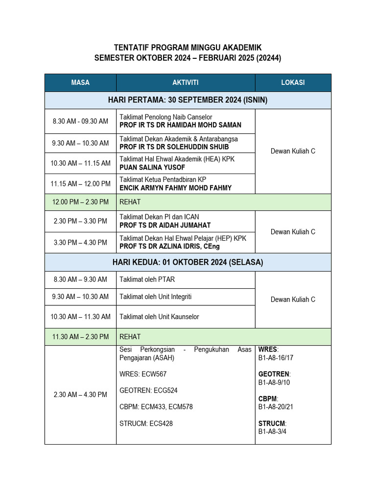 Tentatif Program Minggu Akademik 20244 - Final | PDF