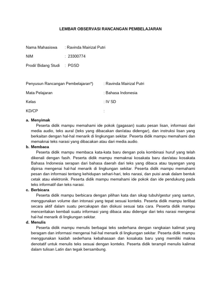 Lampiran 4. LK 3 Contoh Format Lembar Observasi Rancangan Pembelajaran | PDF