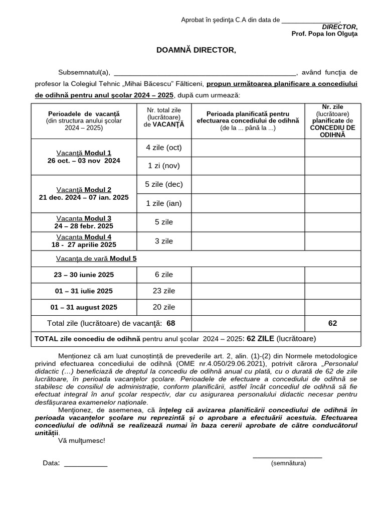 Model Planificare Concediu Odihna 24-25 | PDF
