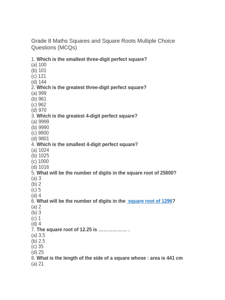 Grade 8 Maths Squares and Square Roots Multiple Choice Questions | PDF