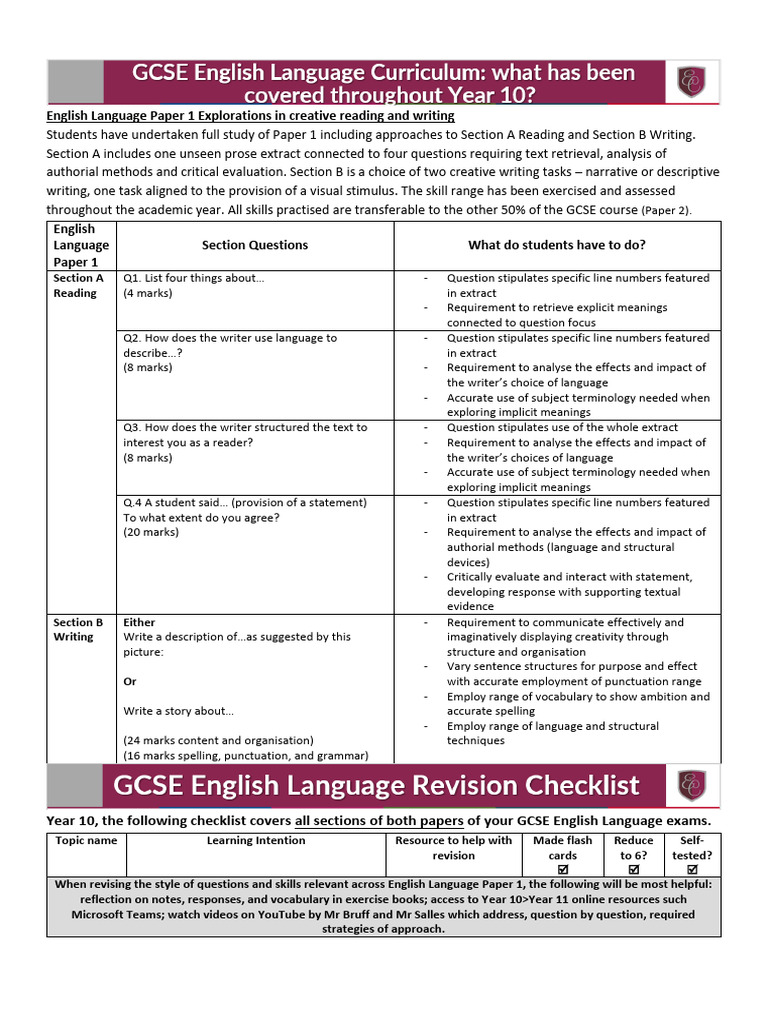 New EC English Language 2024 Year 10 | PDF | Vocabulary | Question