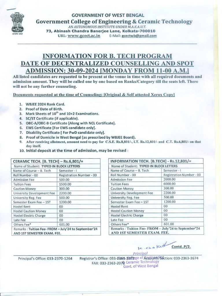 GCECT BTech Merit List of Decentralized 2024 | PDF