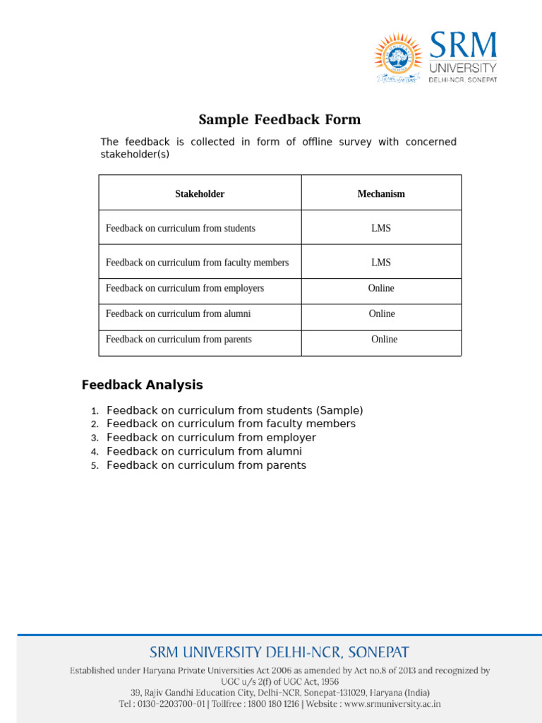 1.4.1 - 2 Sample Feedback Form | PDF | Curriculum | Learning