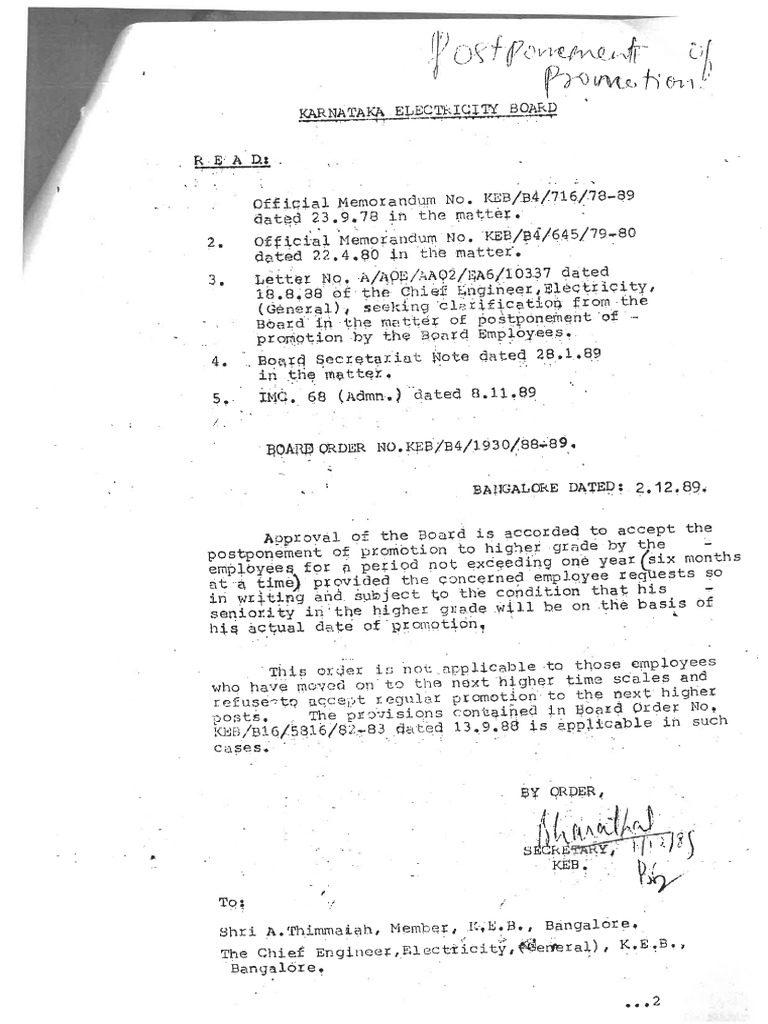 Postponement of Promotion - Order Dated 02.12.1989 | PDF