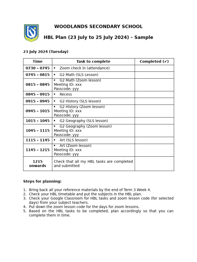 Woodlands Secondary School HBL Plan (23 July To 25 July 2024) - Sample ...