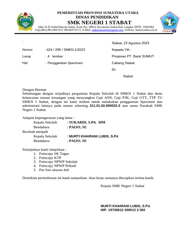 Permohonan Ganti Specimen | PDF