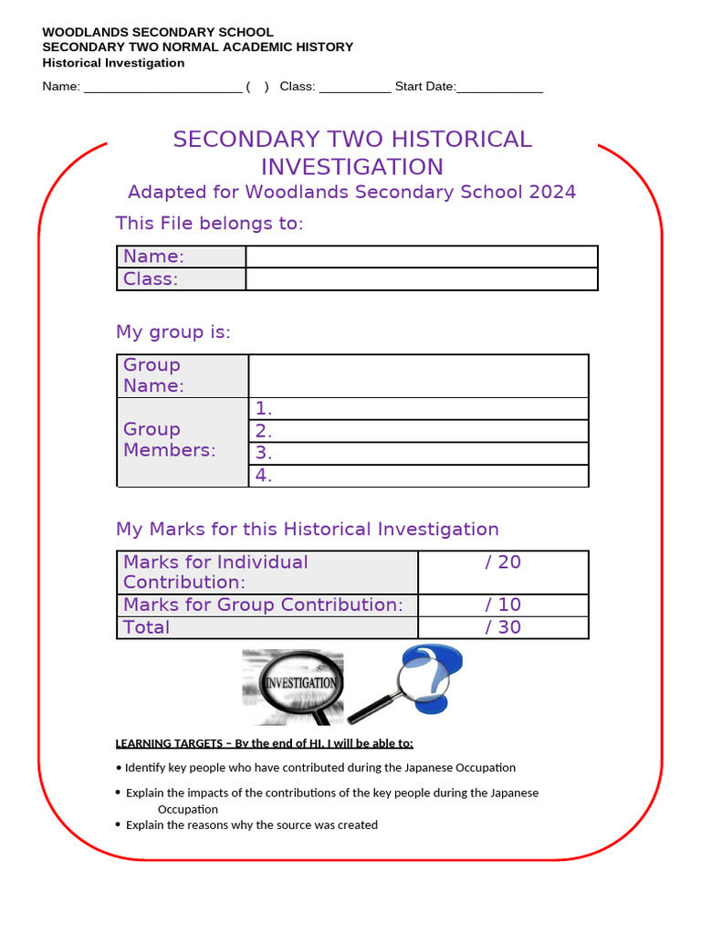 Secondary Two Historical Investigation: Name: - Class: - Start Date | PDF