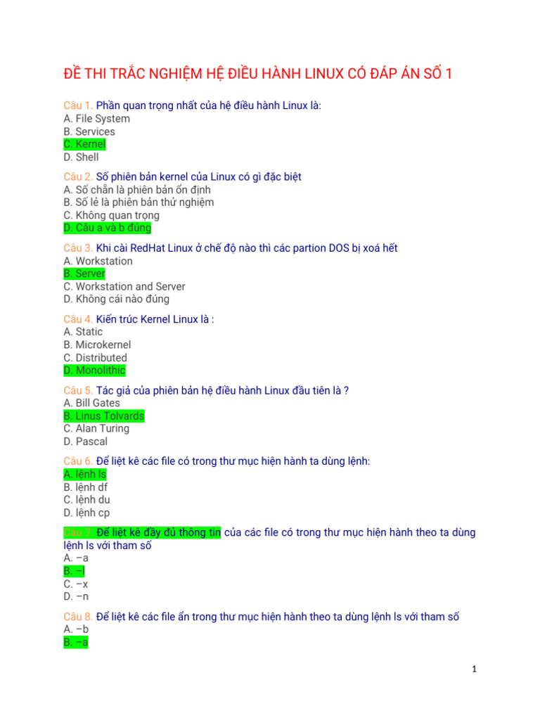 6 de Thi Trac Nghiem He Dieu Hanh Linux Co Dap An 1 | PDF