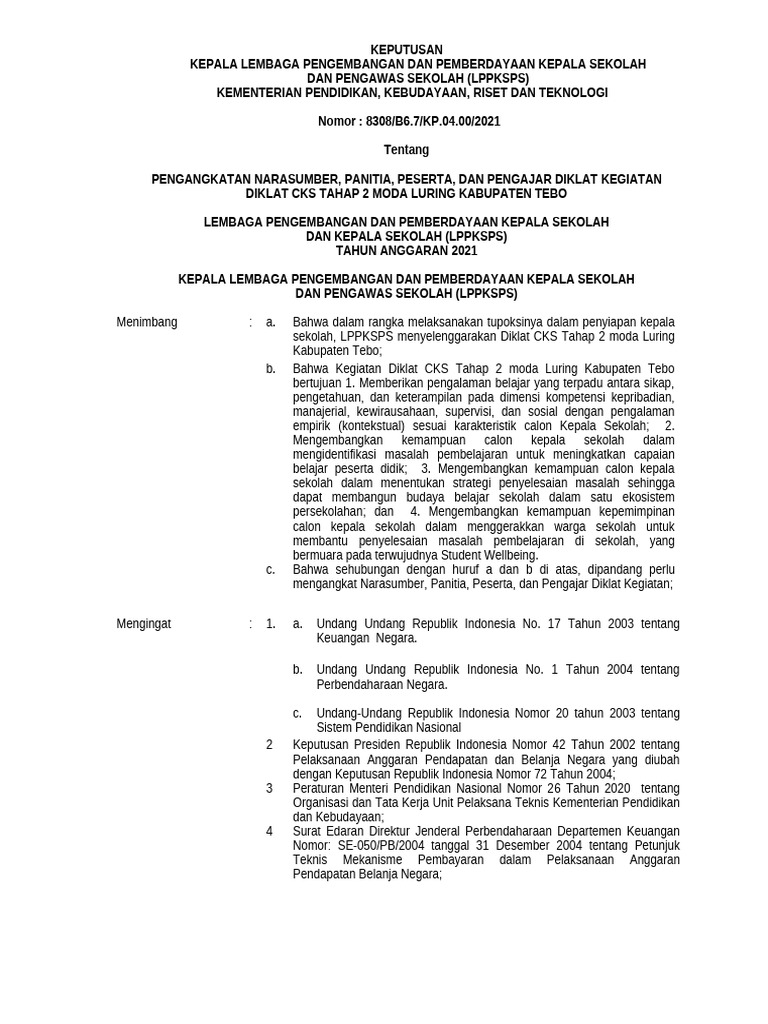 SK 8308 Pra Kegiatan Diklat CKS Tahap 2 Moda Luring Kabupaten Tebo | PDF