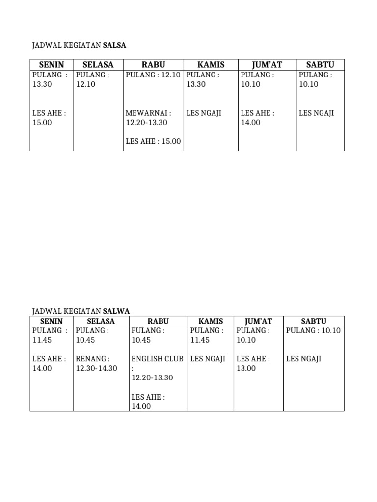 Jadwal Kepulangan Dan Les Salsa Salwa | PDF