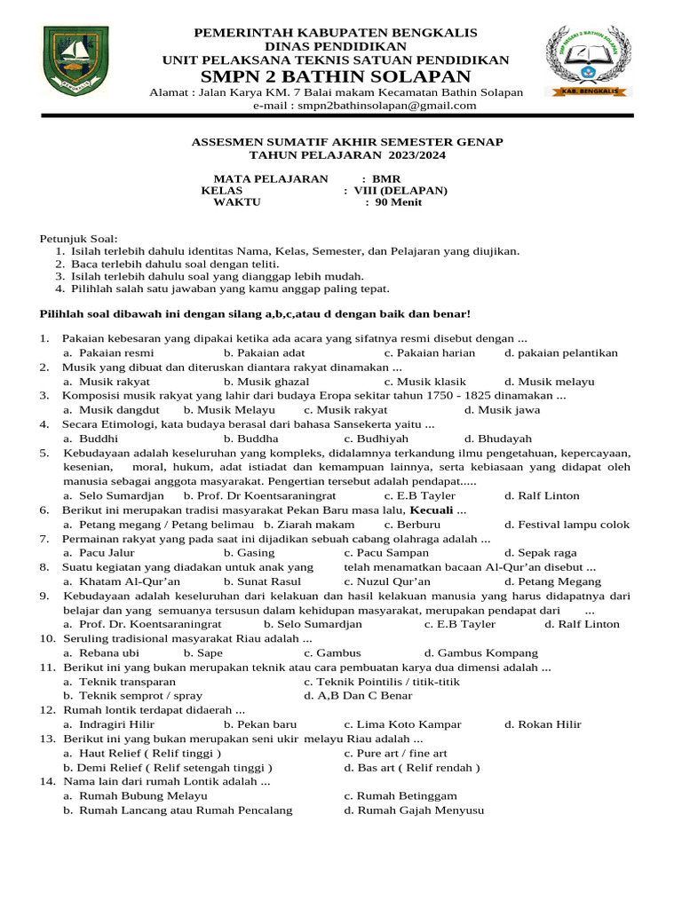 Soal BMR KLS.8 & Pai KLS.7 Asesmen Sumatif S.genap T.P 2023-2024 | PDF