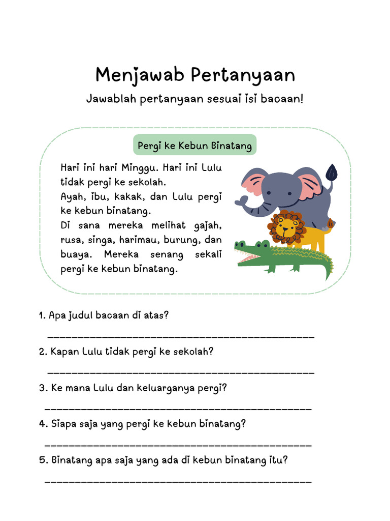 Lembar Kerja Menjawab Pertanyaan Dari Bacaan Ilustrasi Binatang Hijau ...