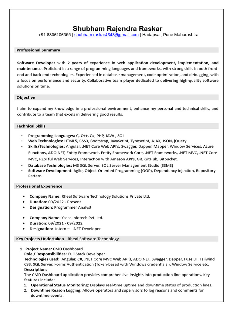 Shubham Raskar Resume 2024 | PDF | Microsoft Sql Server | Entity Framework