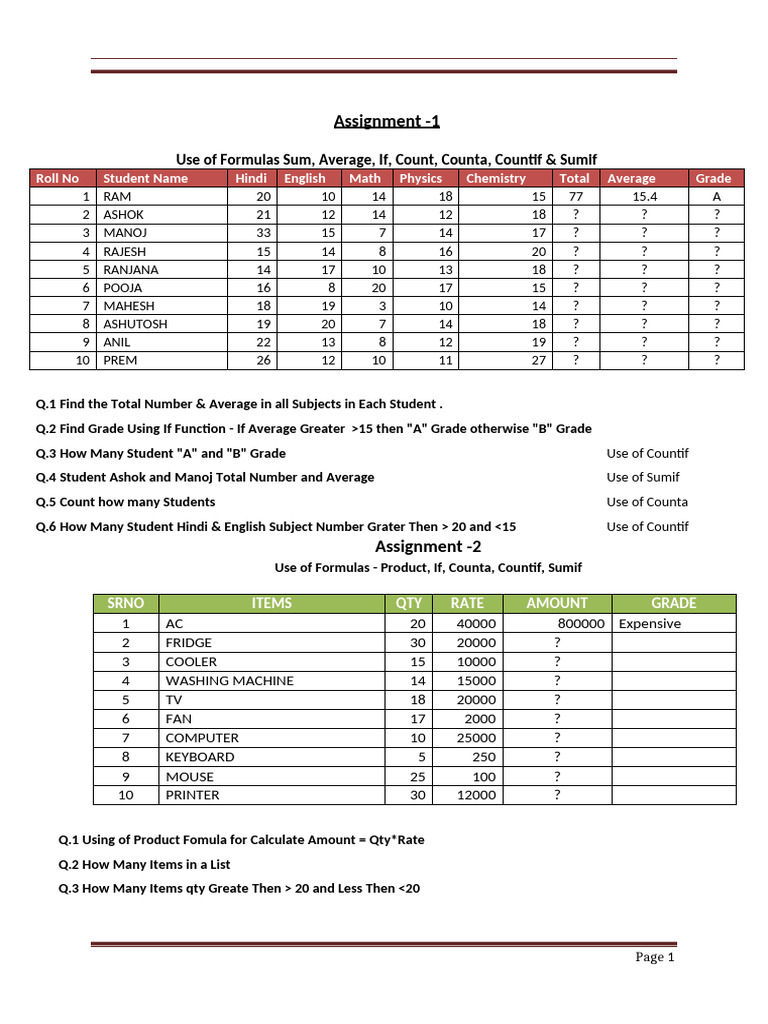 50 Ms Excel Assignments PDF For Practice | PDF