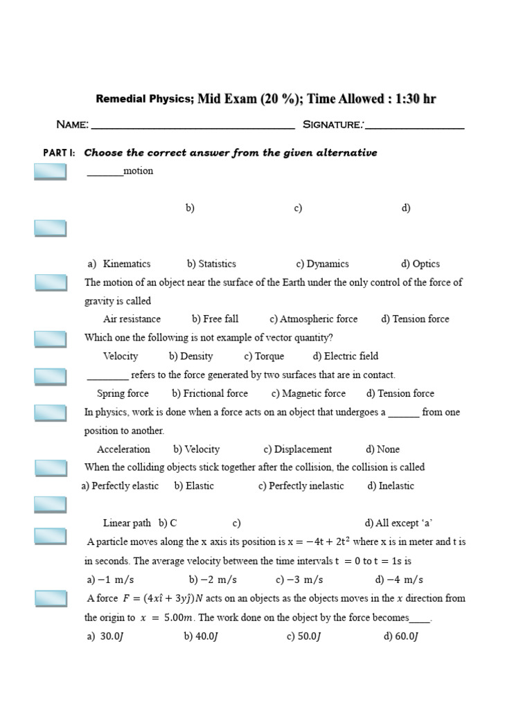Remedial Phys Mid Exam 2016 | PDF