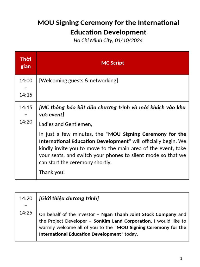 2024.9.27 - MC Script - Kinderworld - MOU Signing Ceremony - R2 | PDF