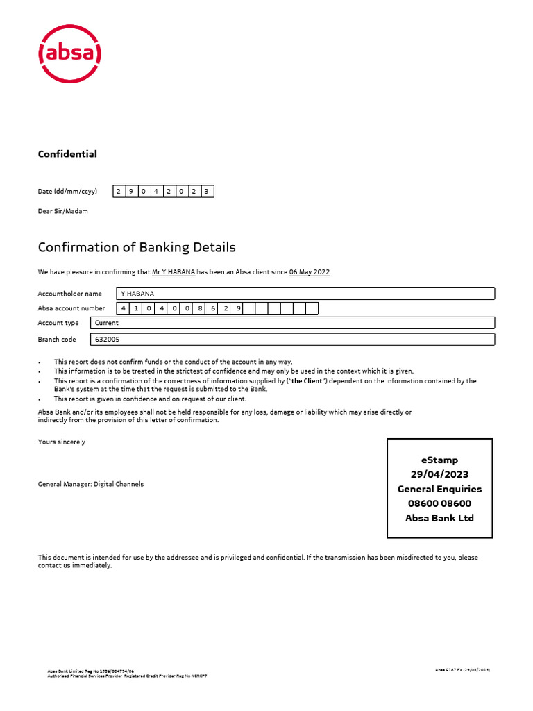 Absa Confirmation Letter | PDF