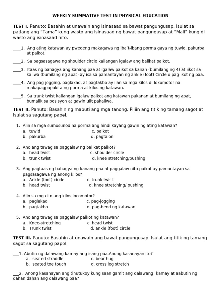 Weekly Summative Test in Physical Education | PDF