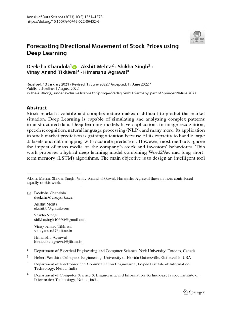 Forecasting Directional Movement of Stock Prices Using Deep Learning | PDF