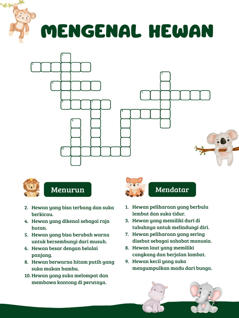 Mengenal Hewan Lembar Kerja Teka Teki Silang SD Kelas 1 Hijau Ilustratif | PDF