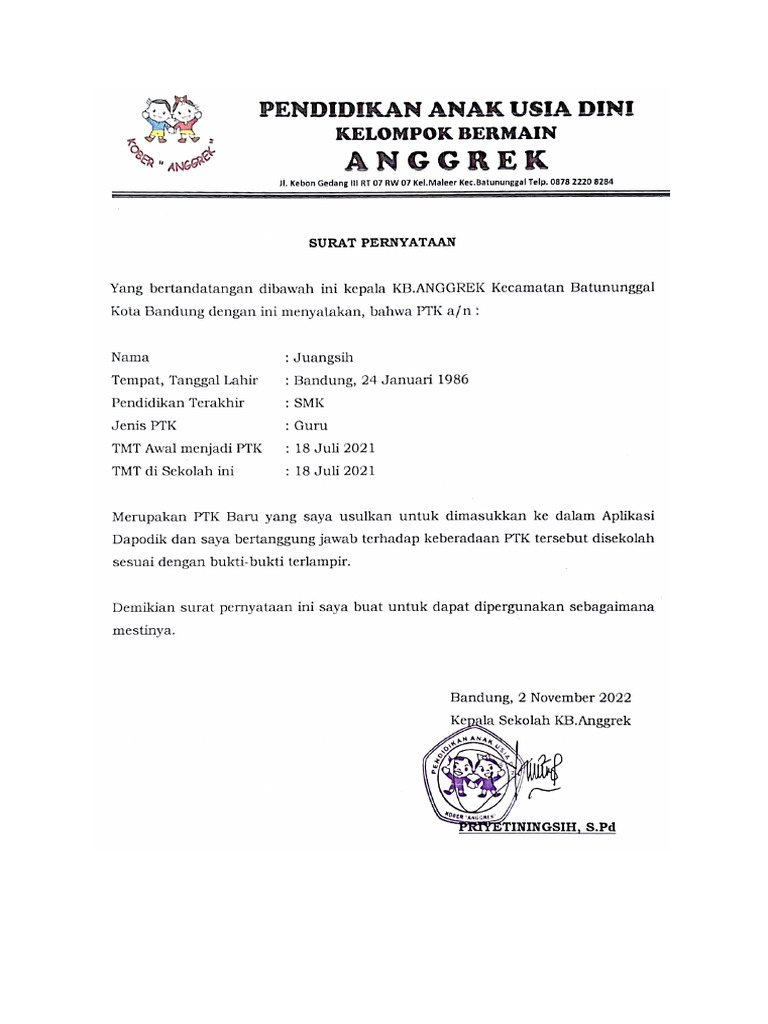 Surat Pernyataan PTK Baru | PDF