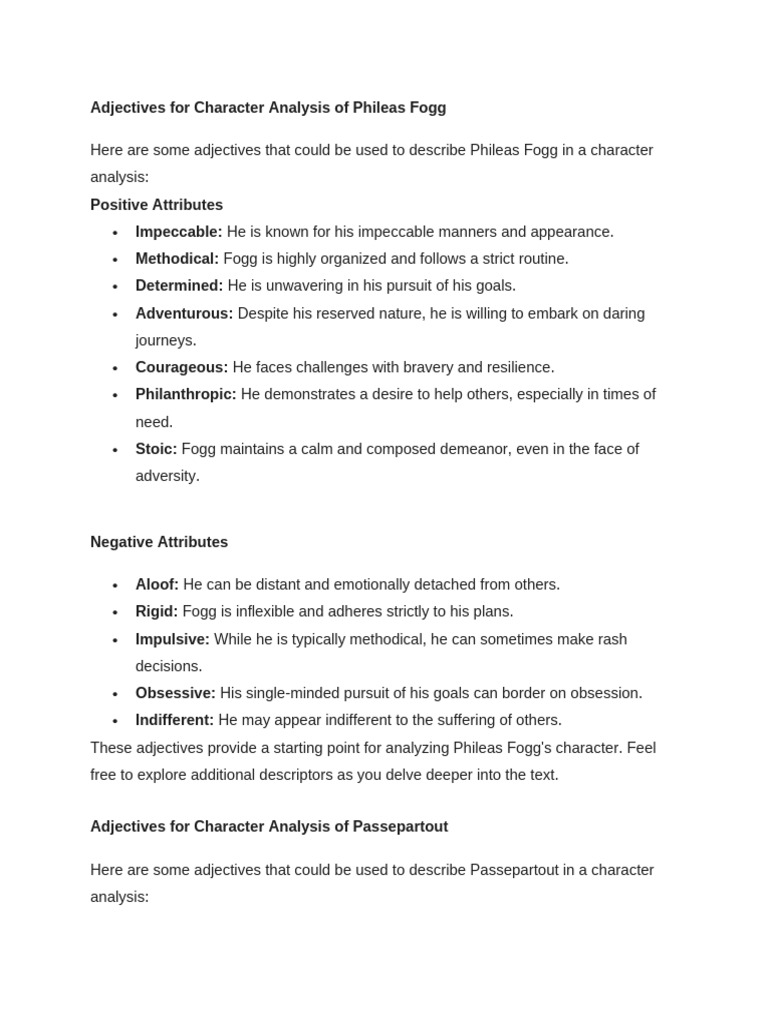 Adjectives For Character Analysis of Phileas Fogg | PDF