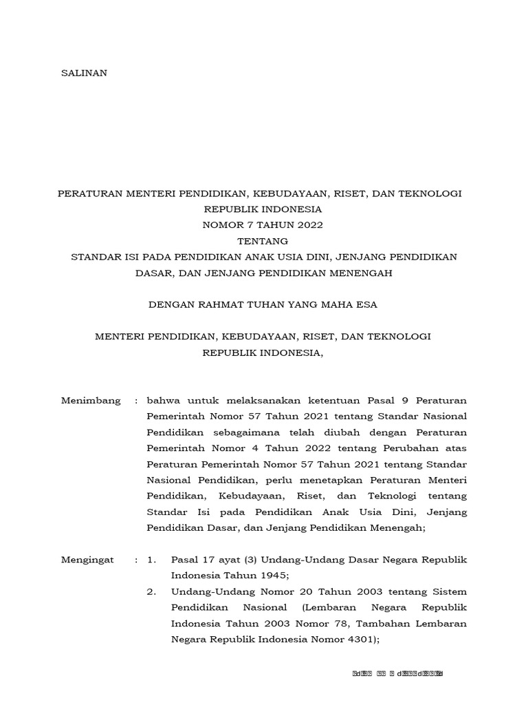 Permendikbudristek - 2022 - 07 Standar Isi (SI) PAUD DIDASMEN | PDF