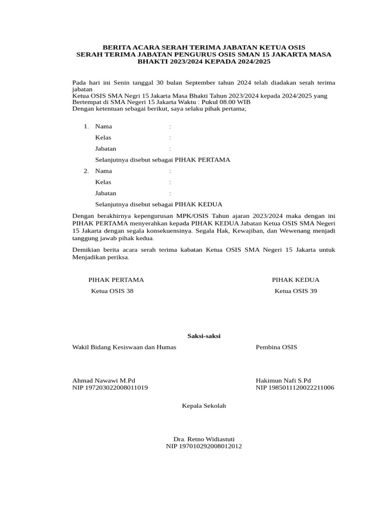 Berita Acara Serah Terima Jabatan Ketua Osis | PDF