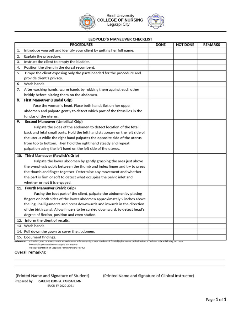 Leopolds Maneuver Checklist | PDF