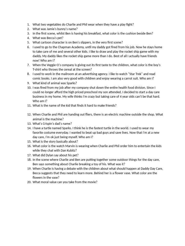 Daddy Day Care Questions | PDF
