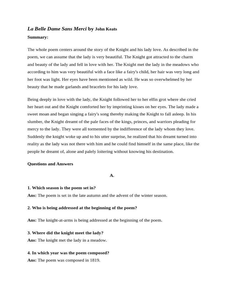 La Belle Dame Sans Merci: John Keats Summary | PDF