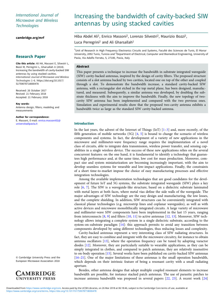 Increasing The Bandwidth of Cavity-Backed SIW Antennas by Using Stacked Cavities | PDF