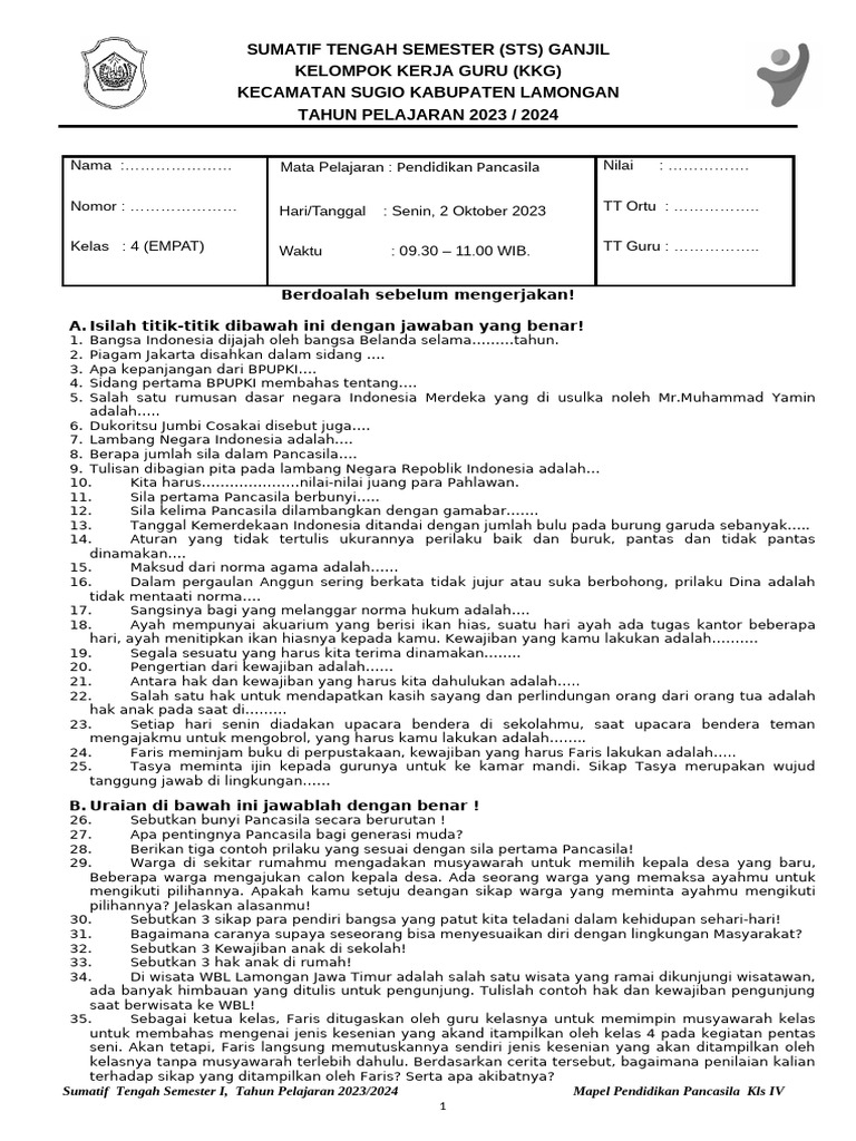 Latihan STS PKN KELAS 4 SEMESTER 1 | PDF
