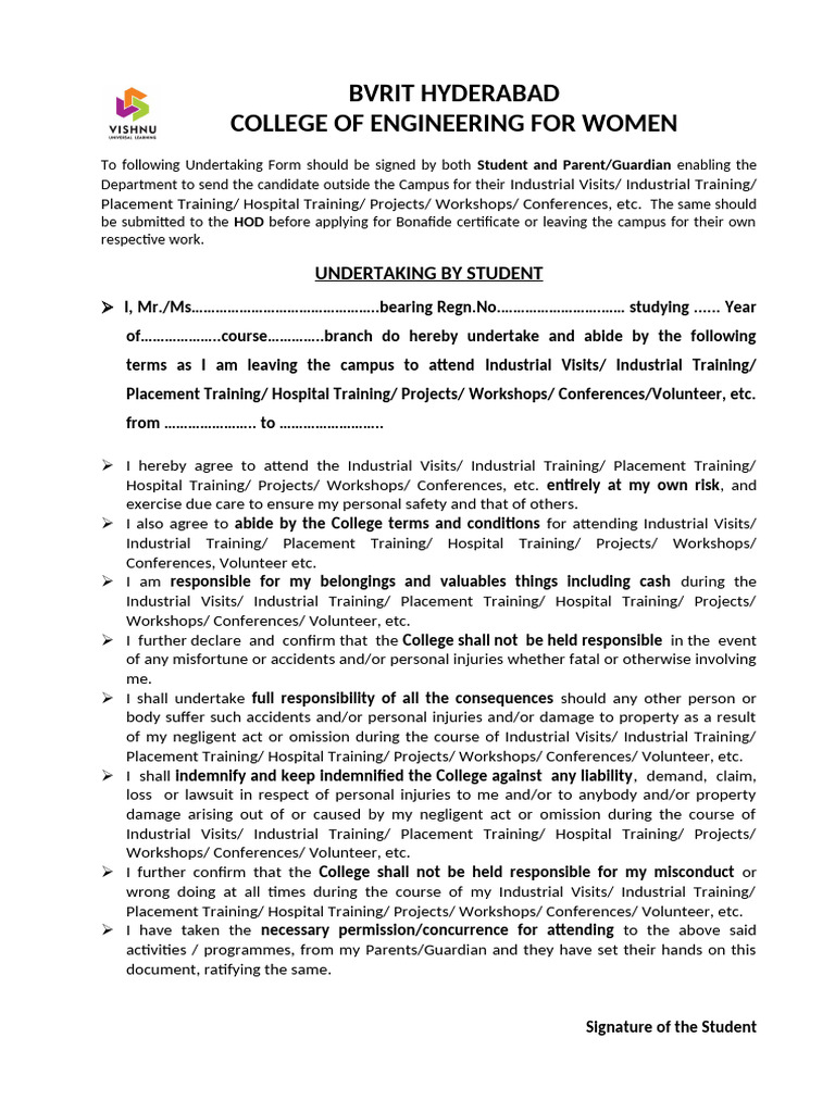 Student Indemnity Undertaking Form | PDF | Indemnity | Civil Law (Legal ...