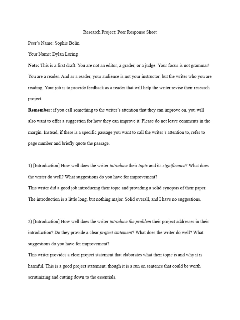 Research Project - Peer Response Sophie Bolin | PDF