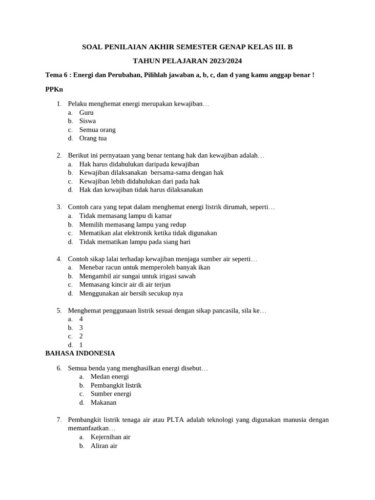 Soal Ujian Tema 6 | PDF