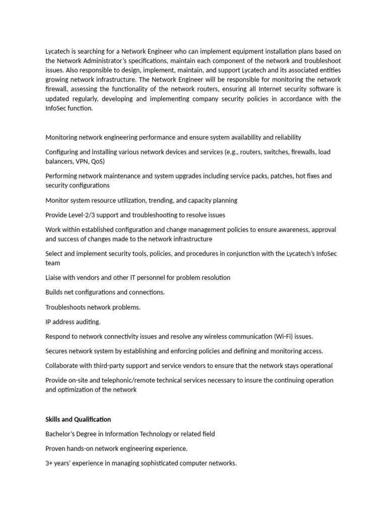 JD for Network engineer V1.0 | PDF