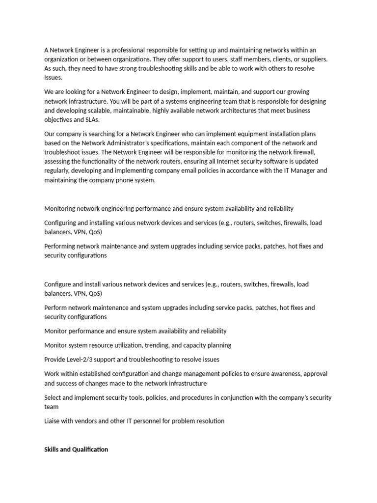 JD For Network Engineer | PDF