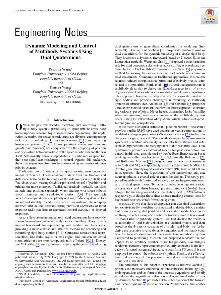 Dynamic Modeling and Control of Multibody Systems Using Dual Quaternions | PDF