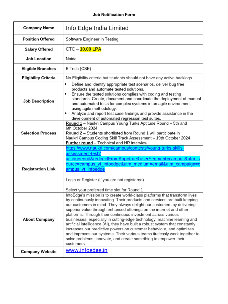 Job Description (Info Edge India Limited) | PDF